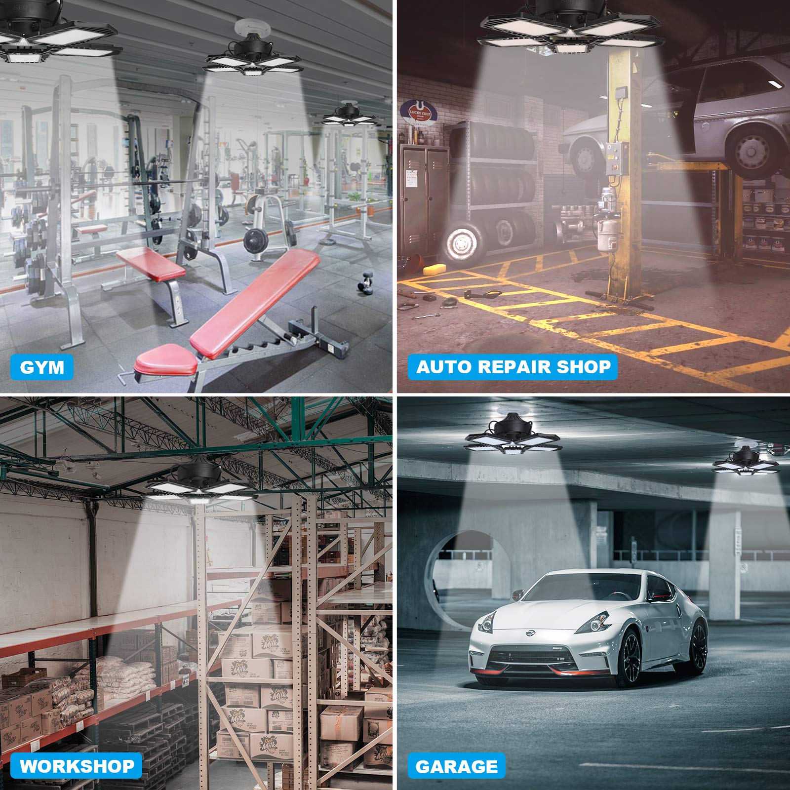 SEQI LED Garage Lights, 150W Deformable Garage Light 15000LM Daylight White 6000K, LED Shop Lights with 5 Adjustable Panels, Super Bright Garage Ceiling Light Work Lighting for Basement Workshop