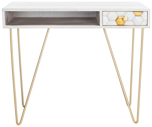 Safavieh Home Office Collection Raveena White Wash and Brass 1-Drawer Hairpin Leg Desk, 0
