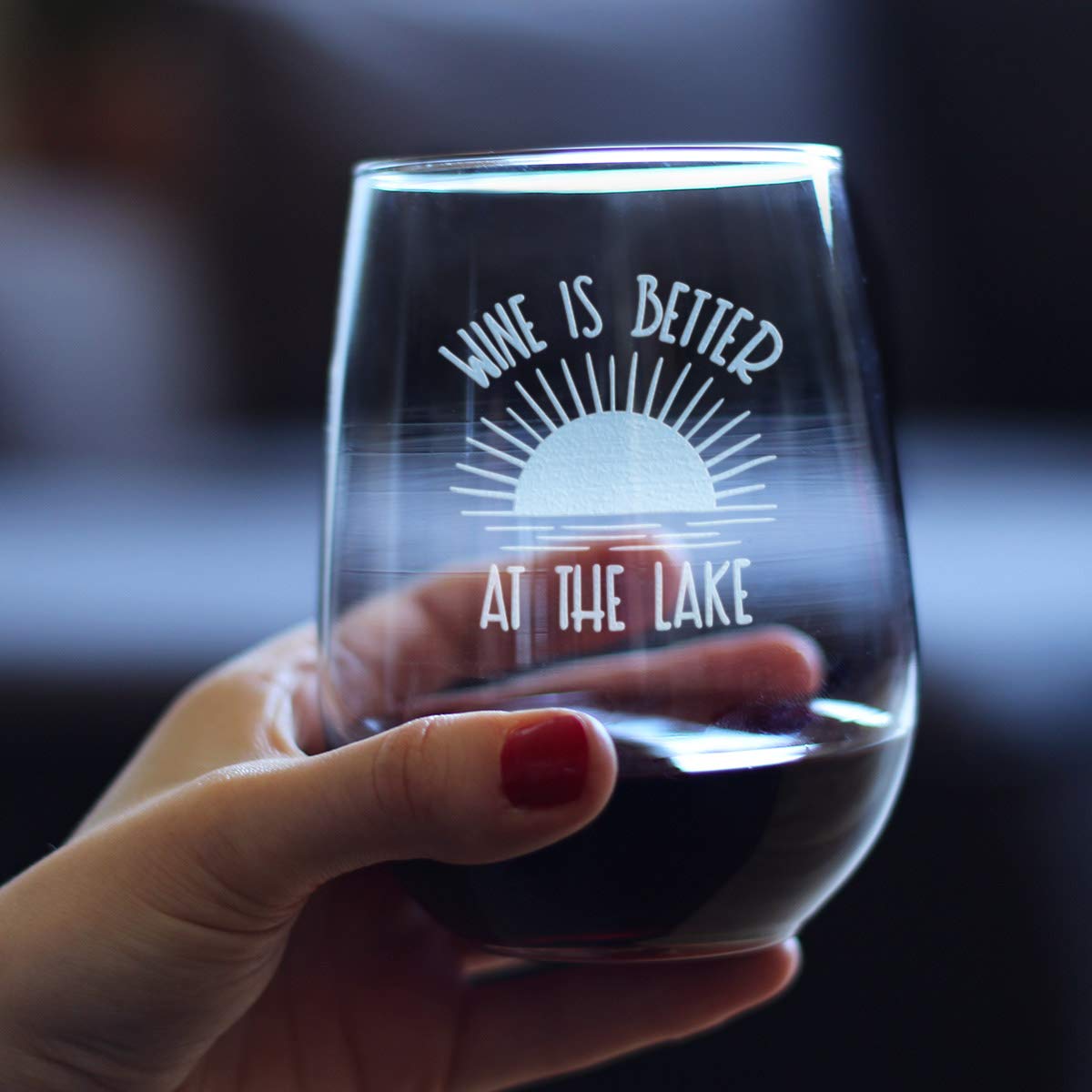 Wine is Better at the Lake - Stemless Wine Glass Gifts for Men & Women - Funny, Cute, Unique Lake House Décor - Large 17 Oz