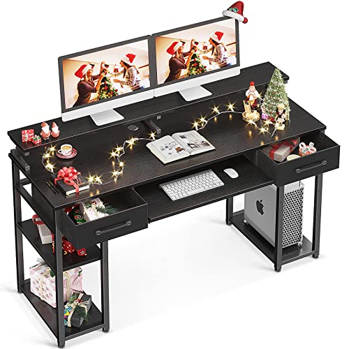 ODK Computer Desk, 55'' Office Desk with Keyboard Tray, Writting Desk with Drawers and Monitor Stand, Study Table with CPU Stand and Removable Shelf for Storage, Black