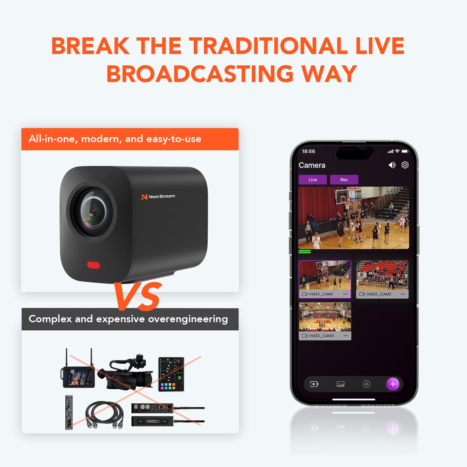 NUROUM NearStream 2K Wireless Live Streaming Camera, Bluetooth Vlogging Camera, 40X Hybrid Zoom, 8 MEMS Mics, 80° FOV WiFi Video Webcam, Intelligent App Control