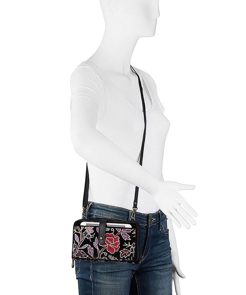 Sakroots Embroidered Large Smartphone Crossbody (Embroidered Black Flower Power)