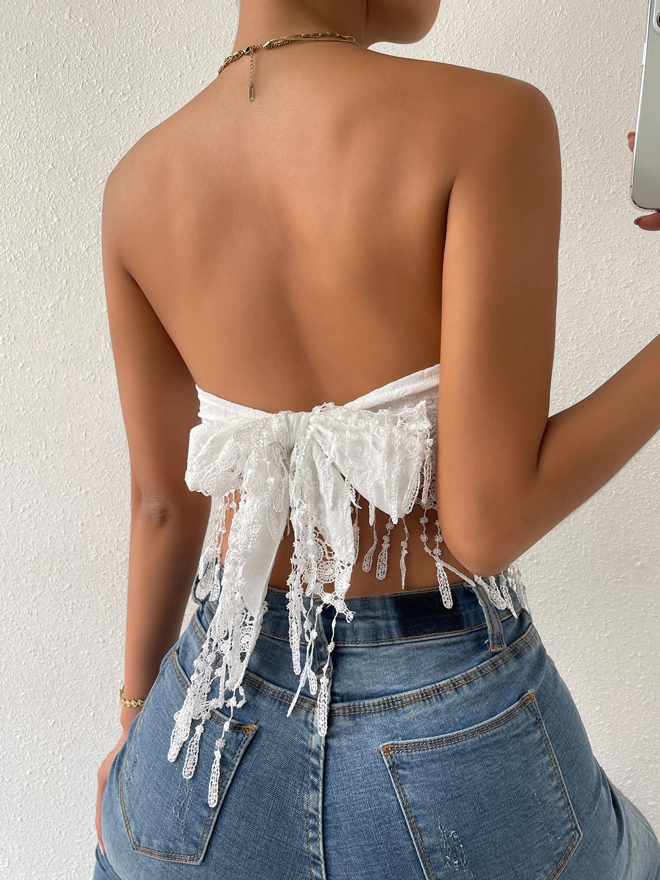 Womens Tops Jacquard Guipure Lace Fringe Hem Tie Back Crop Tube Top (Color : White, Size : Small)