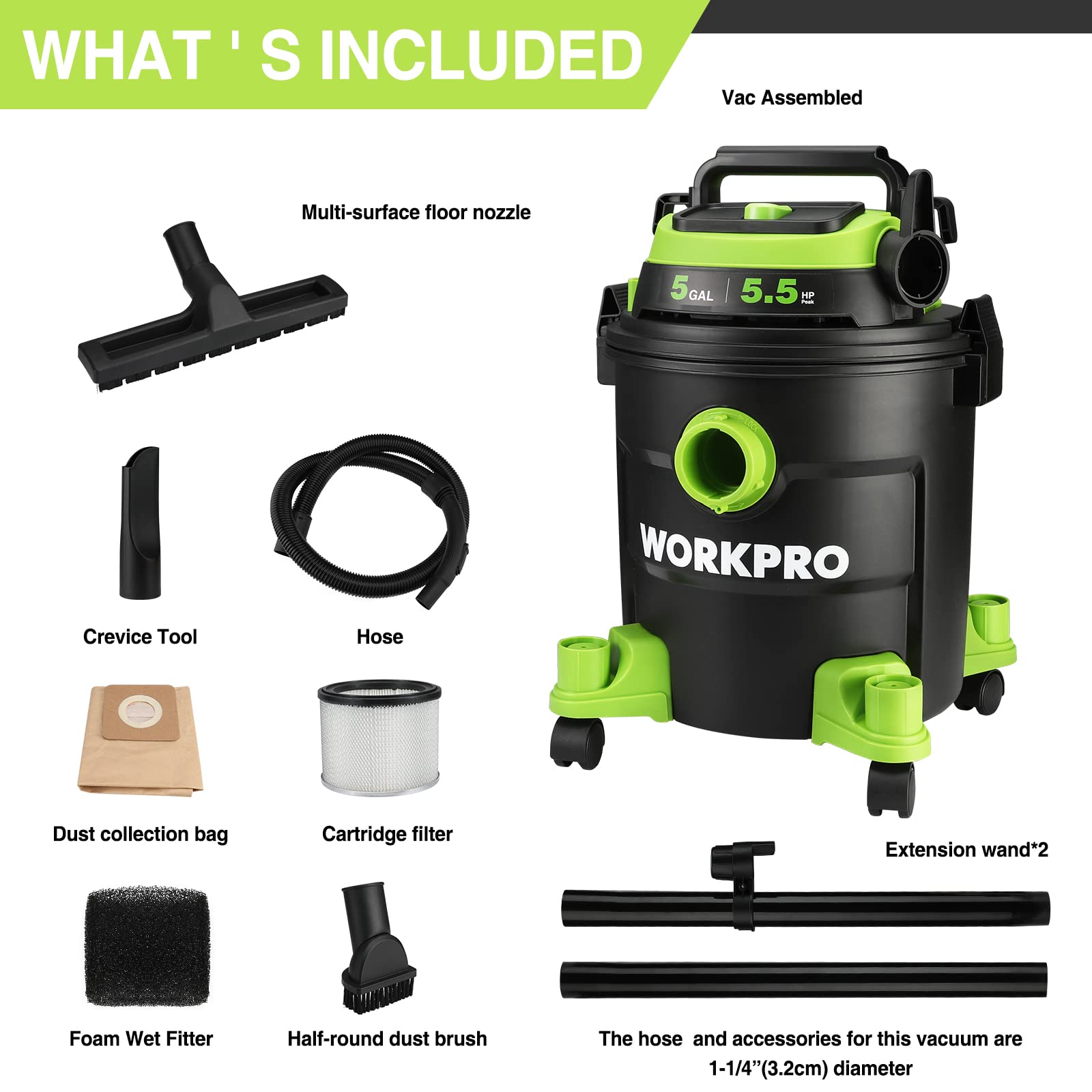 WORKPRO 5 Gallon Wet/Dry Shop Vacuum with Accessories & 5G Dust Collection Bag