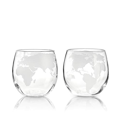 Viski Globe Glass Whiskey Tumblers, Etched Glass Whiskey Enthusiast Gift and Glassware Accessory, 12 oz, Set of 2