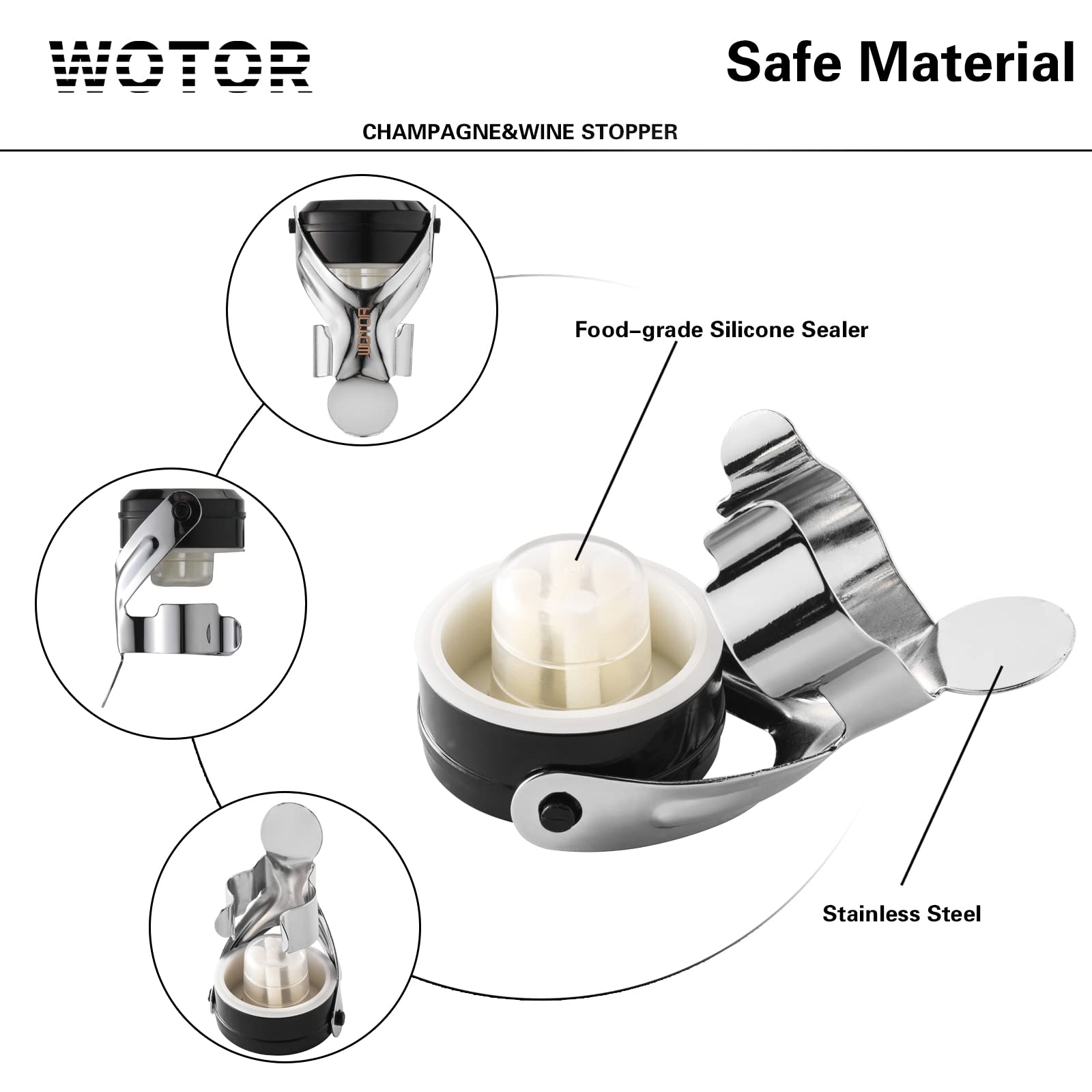 WOTOR Champagne&Wine Bottle Stoppers Stainless Steel with Food Grade Silicone, Leak Proof Keep Fresh Reusable Saver, Cork Suitable for Wine, Champagne, Cava, Prosecco and Sparkling (12 Pack Silver)