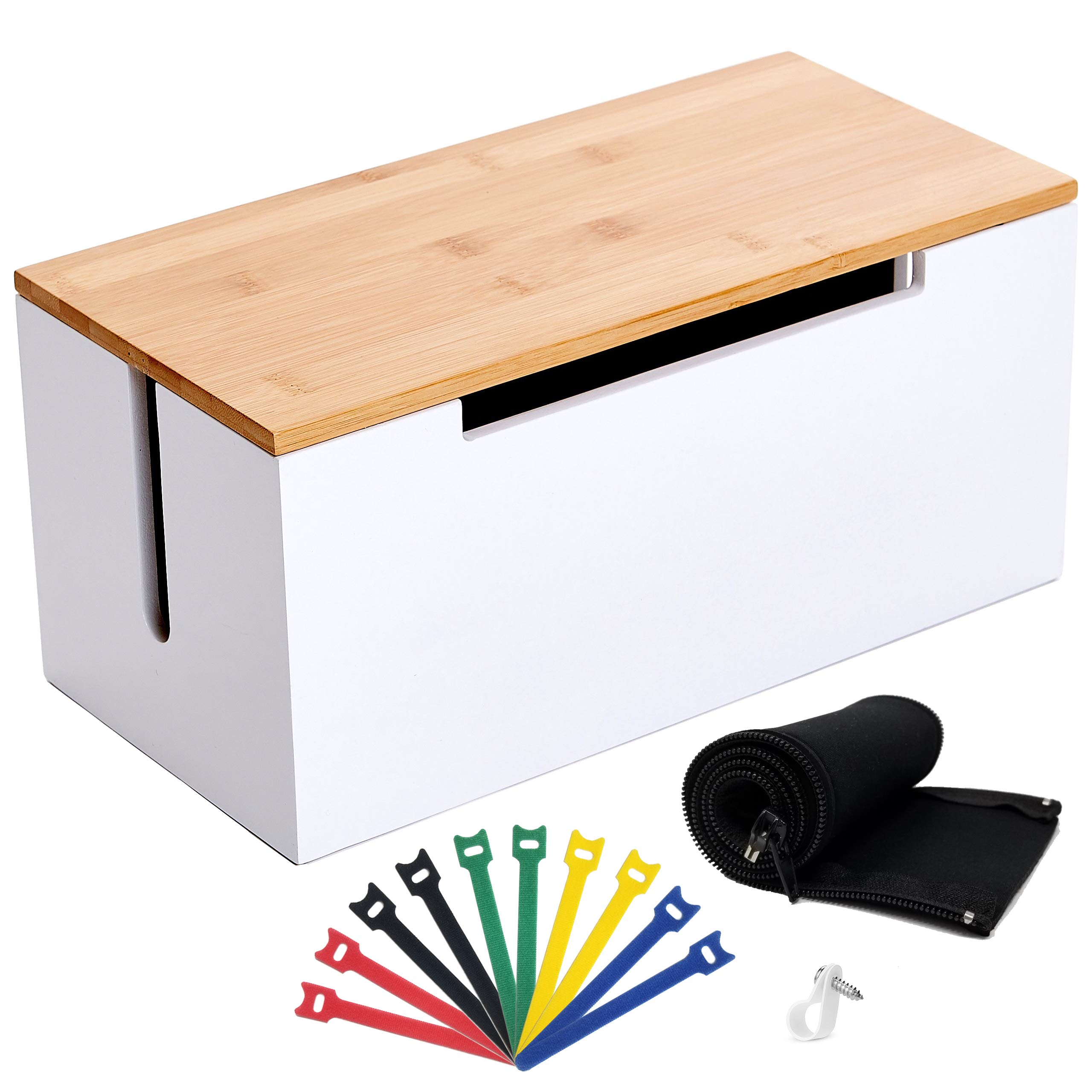 QH Goods Bamboo Cable Management Box Organizer Storage Large Wood Cord Cover for Floor Under Desk to Hide and Hold Power Strip, TV, Router, Computer, USB Hub, and Electrical Outlet Plug Wire (White)
