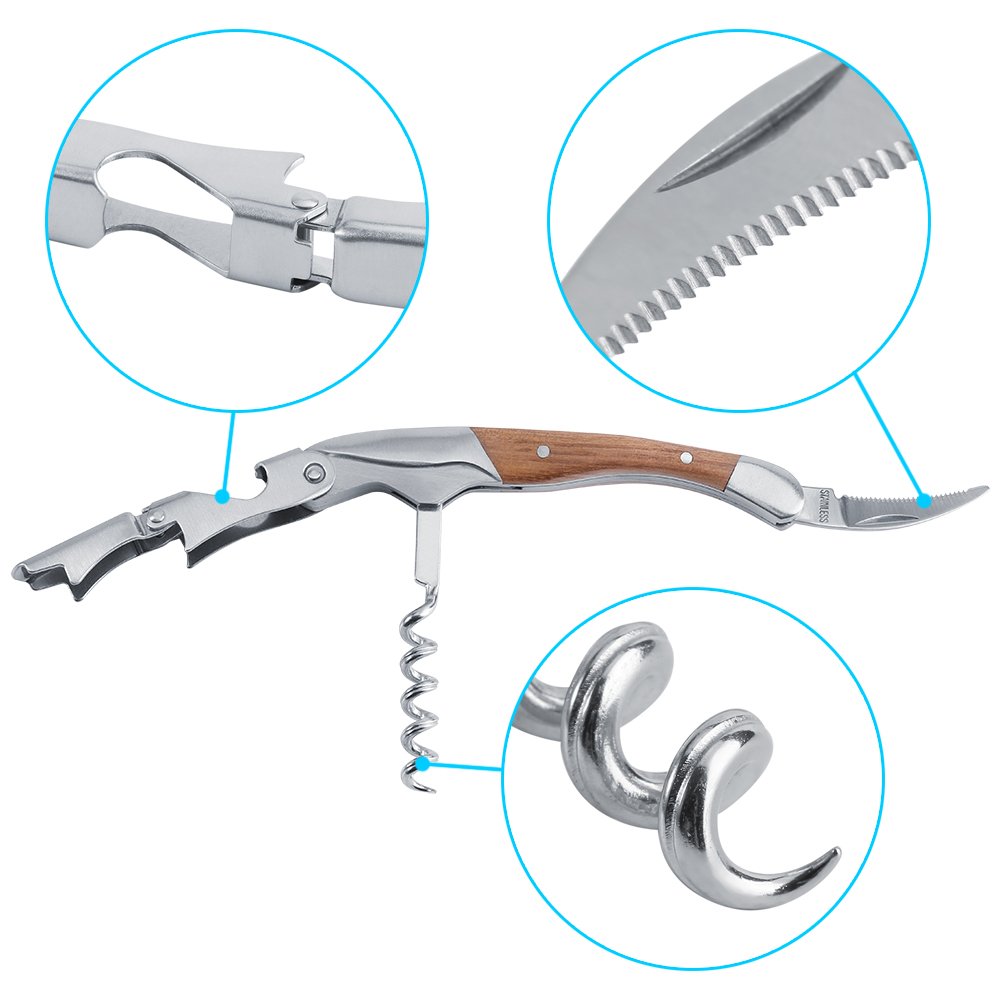 Wine Opener for Bar Restaurant Waiters, 3 in 1 Professional Wooden Handle Waiter Corkscrew Wine Key for Bartenders