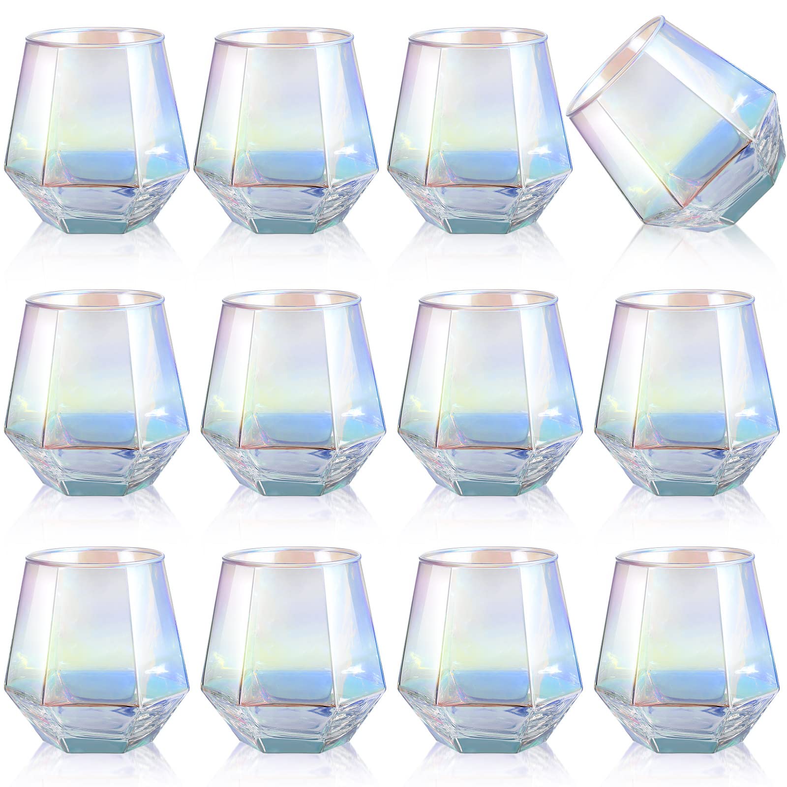 Set of 12 Iridescent Stemless Wine Glass 10.5 oz Modern Glassware Rainbow Colored Wine Glass Gift for Wine Cocktail Whiskey for Wedding Birthday Party Home Bar Housewarming
