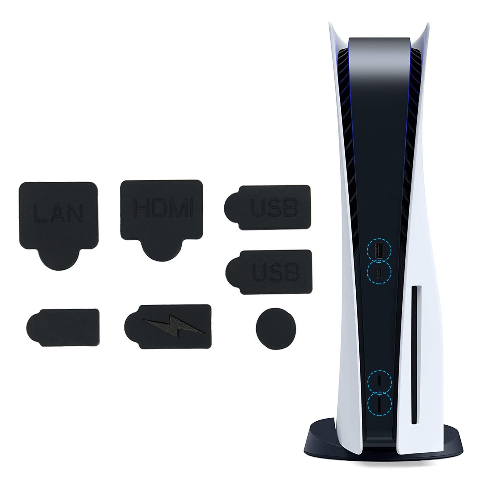 Zerlibeaful Ps2 Games 7 Pcs Silicone Dust Plugs Set Suitable for PS5 USB HDMI LAN Type C Scratch Waterproof Cover Dust Plug Suitable for PS5 External Harddrive