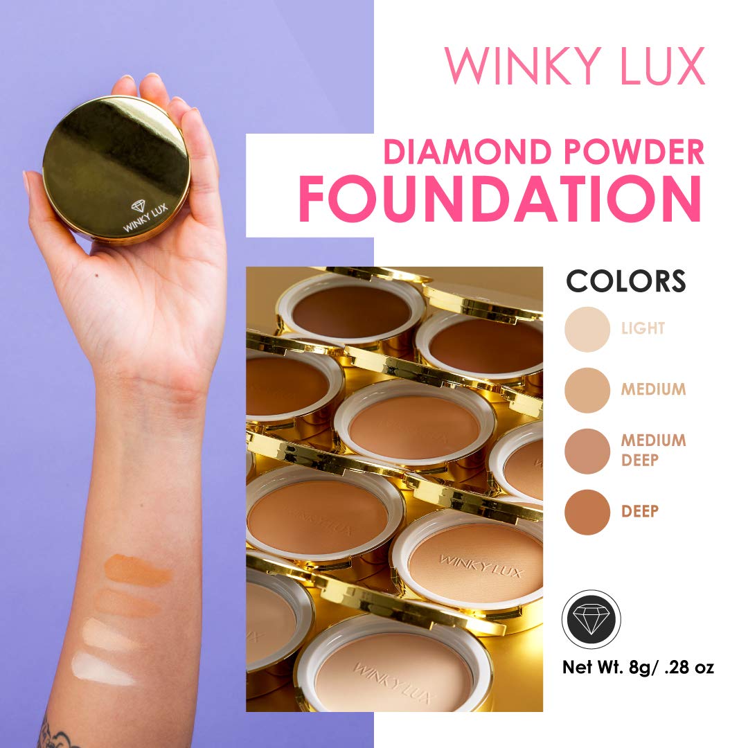 Winky Lux Diamond Complexion Powder, Compressed Matte Foundation With Powdered Diamonds for Flawless Airbrush Effect, Blurs Pores and Fine Lines, 8g, Light