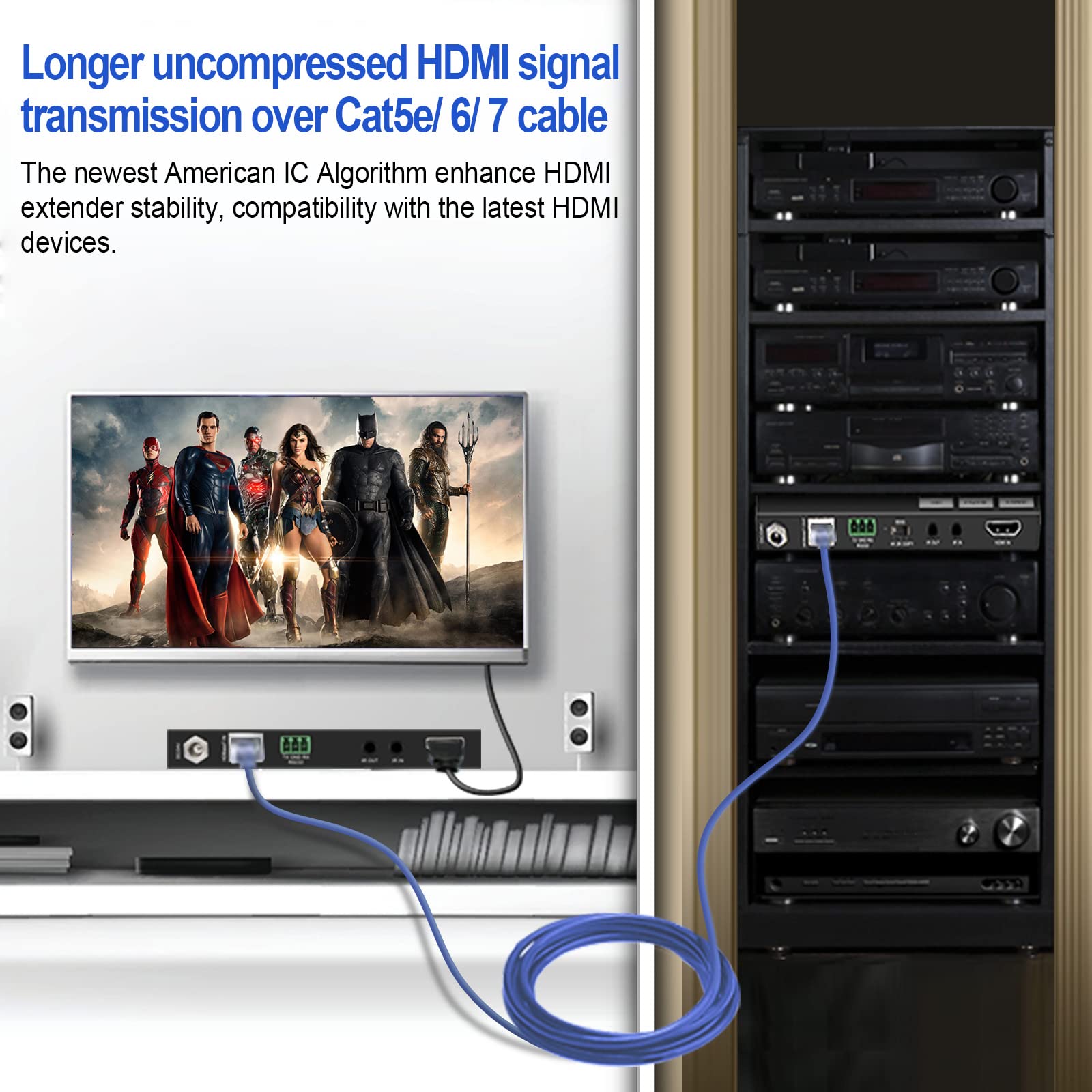 ROFAVEZCO HDBaseT HDMI ARC Extender 4K 60Hz (4:4:4 8bit) HDR10 18Gbps by Cat5e Cat6 SPDIF Toslink,Bi-Directional PoE+IR+CEC - 230ft 1080P,130ft 4K HDMI2.0 HDCP2.2,DTS:X,4K Down-Scale,Slim Case EX70H2