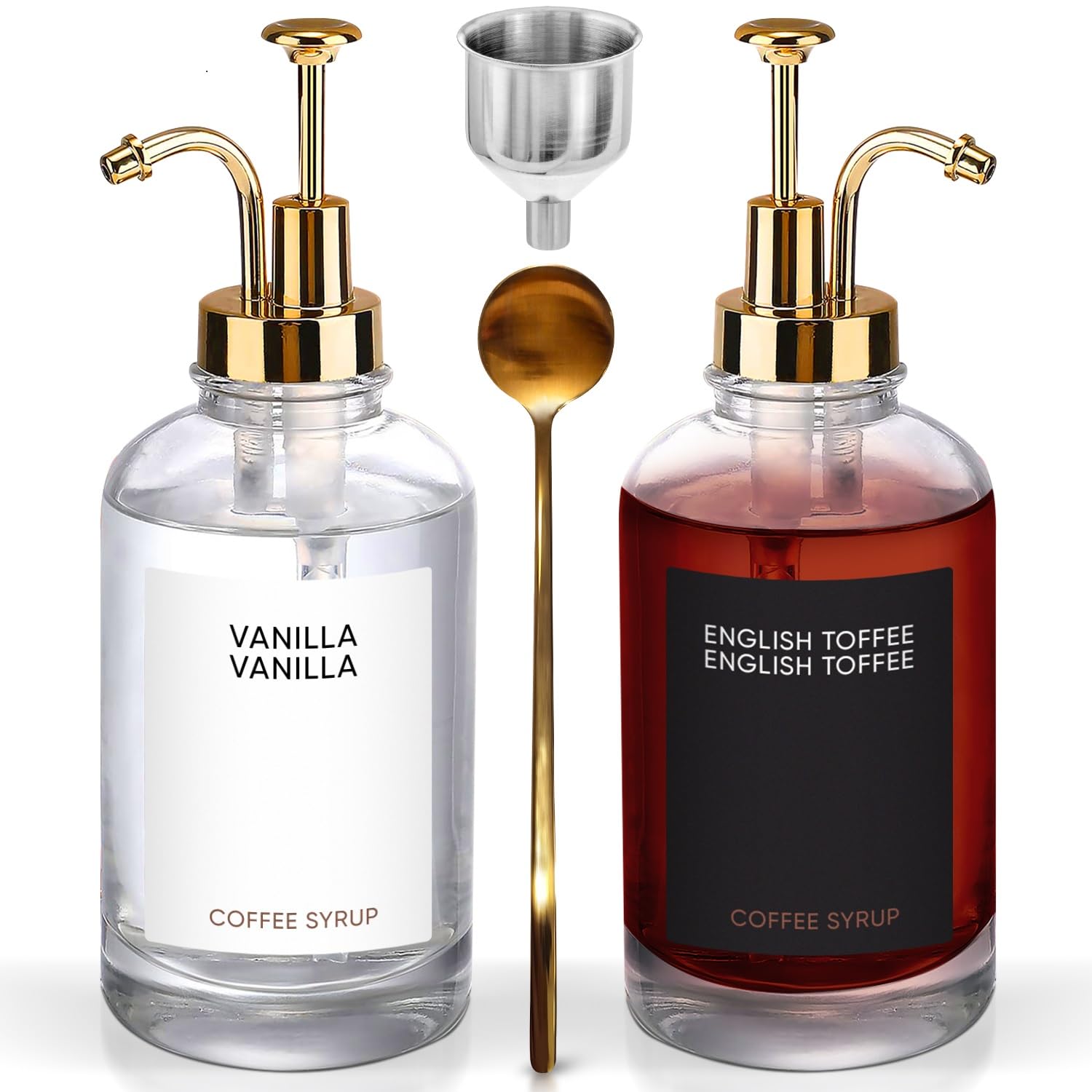 Set of 2 Coffee Syrup Dispensers for Coffee Bar - 16.9oz Glass Bottles with Gold Pumps and Labels, BPA Free & Durable, Ideal for Cinnamon, Vanilla, Caramel, and More Coffee Accessories