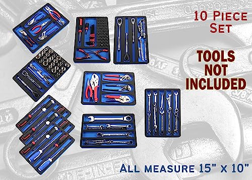 Polar Whale Tool Drawer Organizer 10-Piece Insert Set Extra Screwdrivers Blue and Black Durable Foam Holds Many Tools and Accessories 15 x 10 Inch Trays Fits Craftsman Husky Kobalt Milwaukee and More
