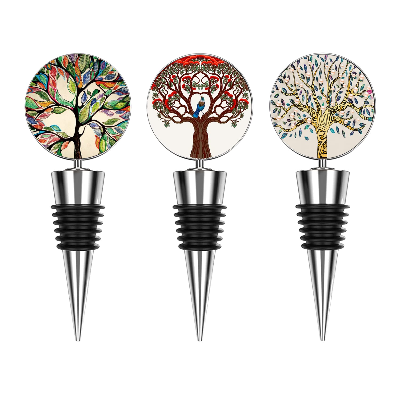 Wine Stoppers, Wine Bottle Stopper, Eco-friendly Champagne Stopper, Reusable Zinc Alloy Silicone Wine Stoppers for Home, Bar, Party, Wedding (3 Pack Tree of Life)