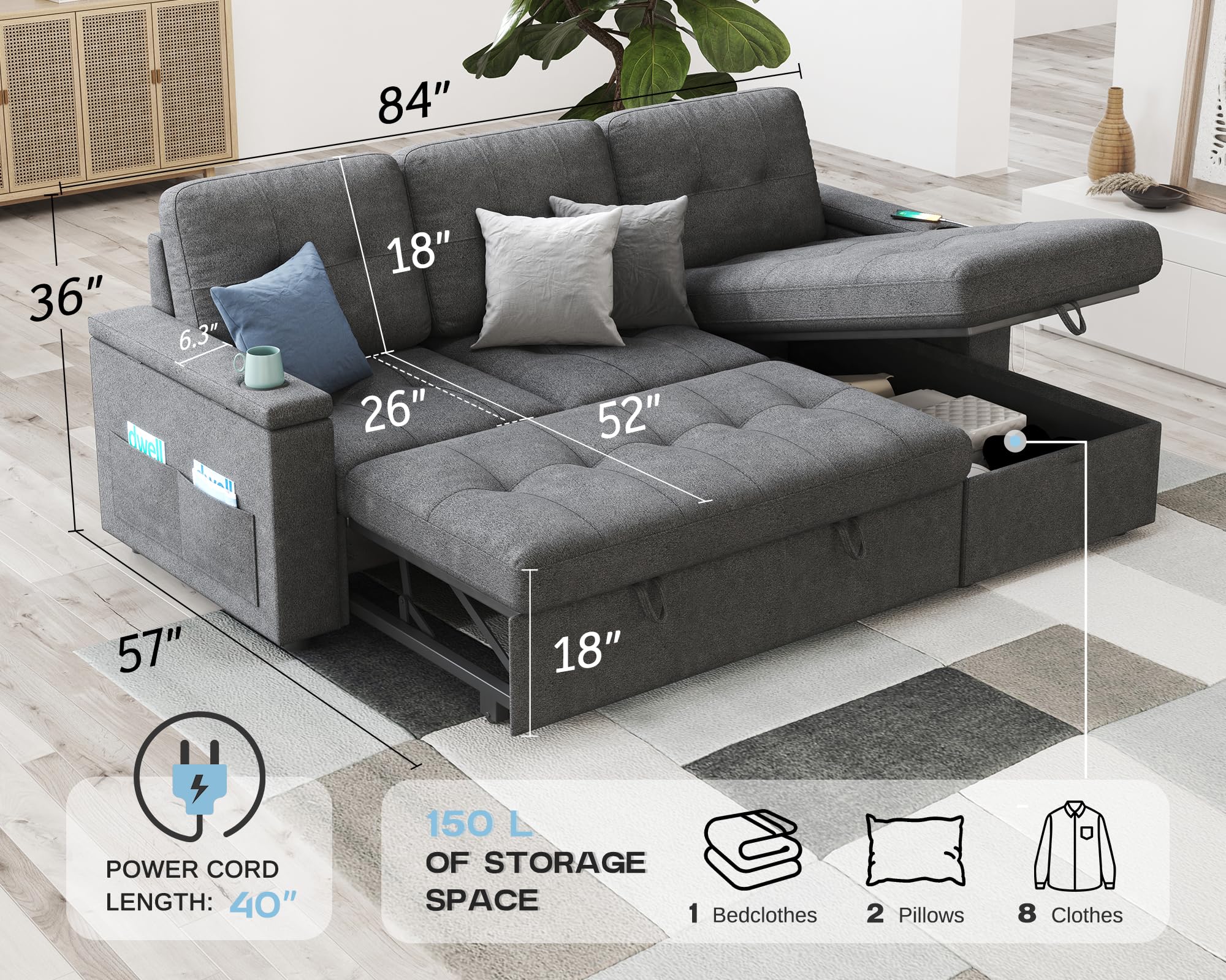 PaPaJet 84 Inch Sleeper Sofa Bed, Tufted Pull Out Sofa Bed with 2 USB Ports & Cup Holders, L Shape Sectional Sofa Bed with Storage Chaise- Dark Grey