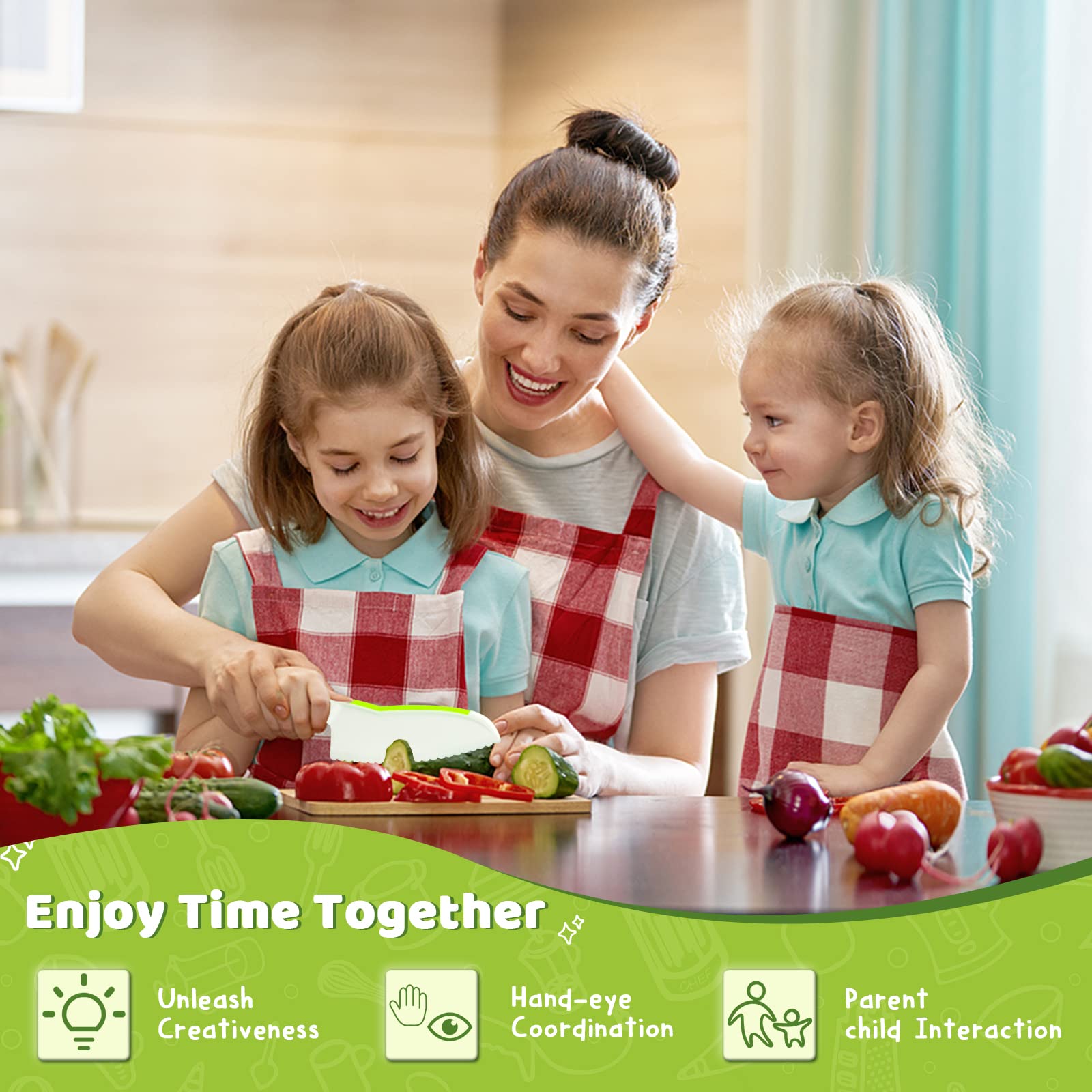 TinyHalo 11 Pcs Wooden Kids Kitchen Knife, Kids Knife Set with Cutting Board Fruit Vegetable Crinkle Cutters Serrated Edges Plastic Toddler Knifes for Real Cooking Kid Safe Knivesā¦