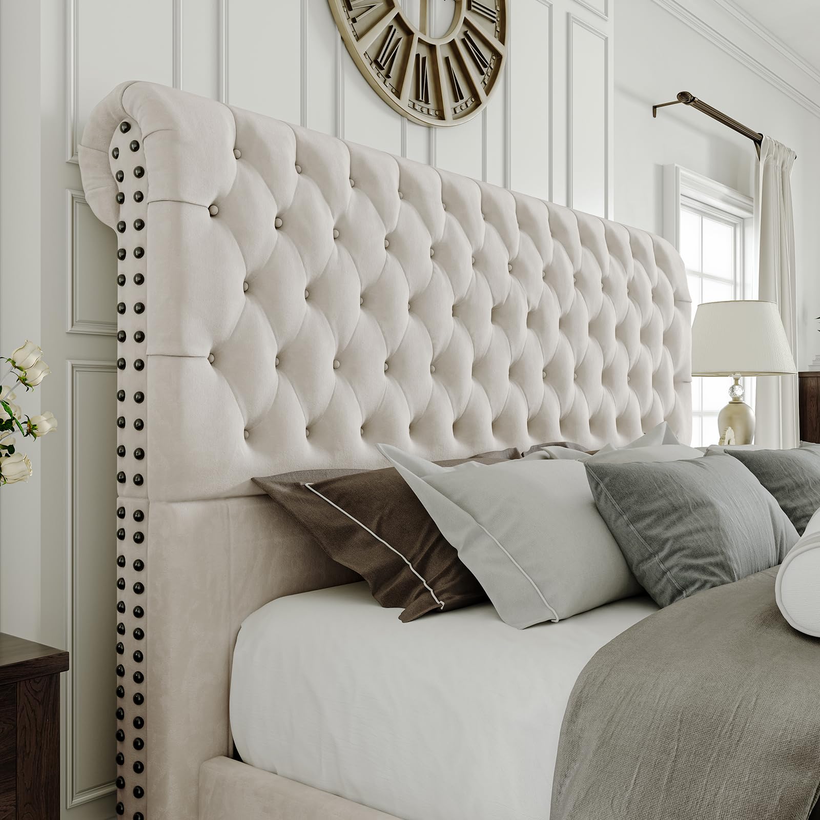 PaPaJet Lift Up Storage Bed King Size Bed Frame with Headboard Upholsterd Sleigh Bed Storage Underneath/No Box Spring Needed/Easy Assembly/Cream