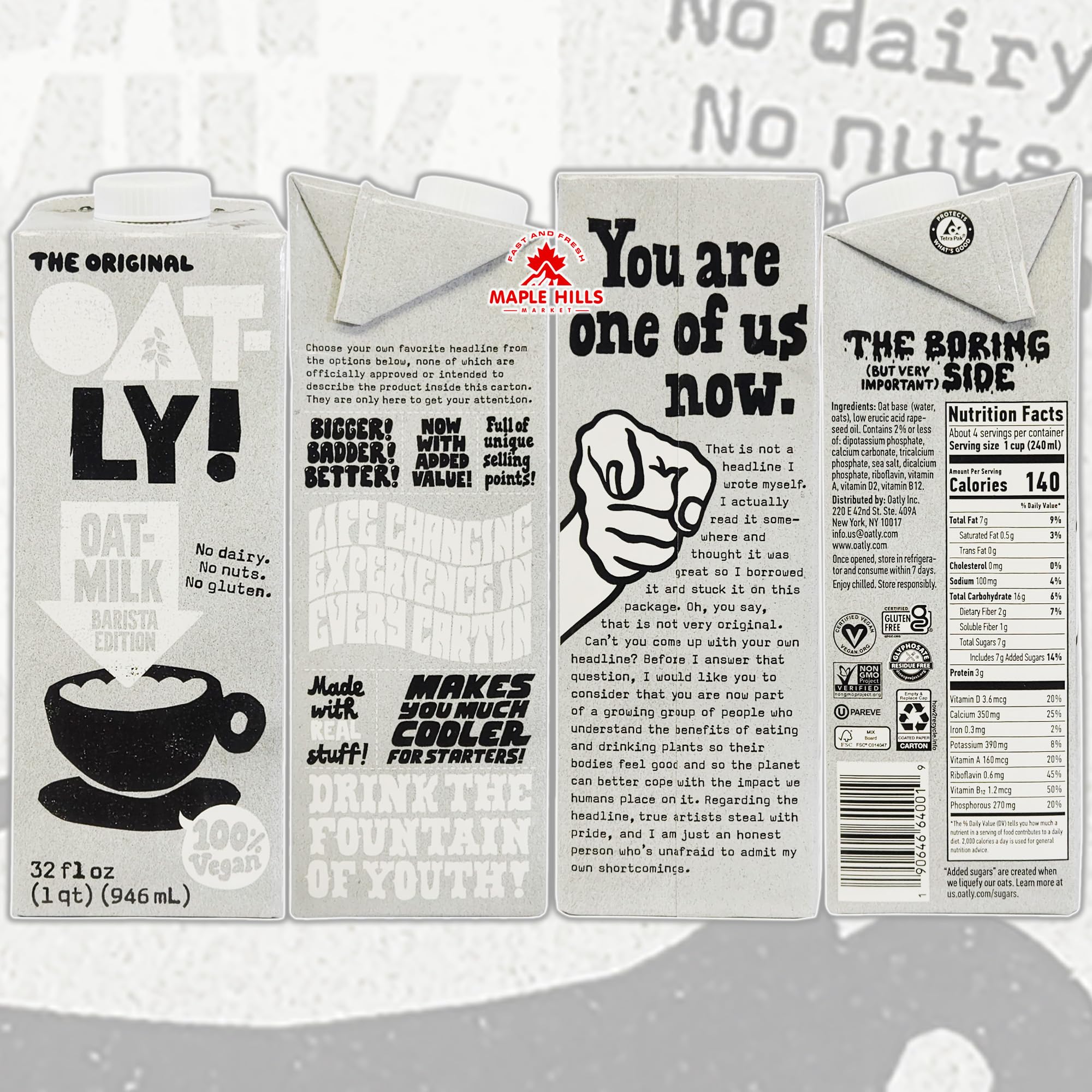 Oatly Original Barista Edition Oat Milk Bulk Pack - 128 ounces - 4 Individually Sealed 32 oz Cartons - No Dairy, Nuts, or Gluten - Perfect foaming for Lattes - In Maple Hills Market Protective Box