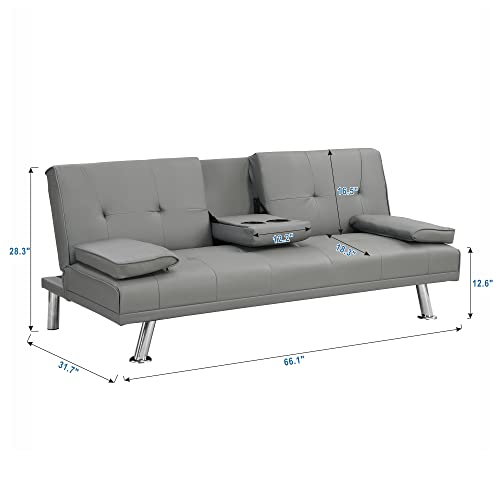 Penifun Convertible Folding Futon Sofa Bed Sleeper Couch for Living Room PU Leather Upholstered Loveseat with Armrest & Two Cup Holders, Solid Wood Frame/Stainless Leg, Gray