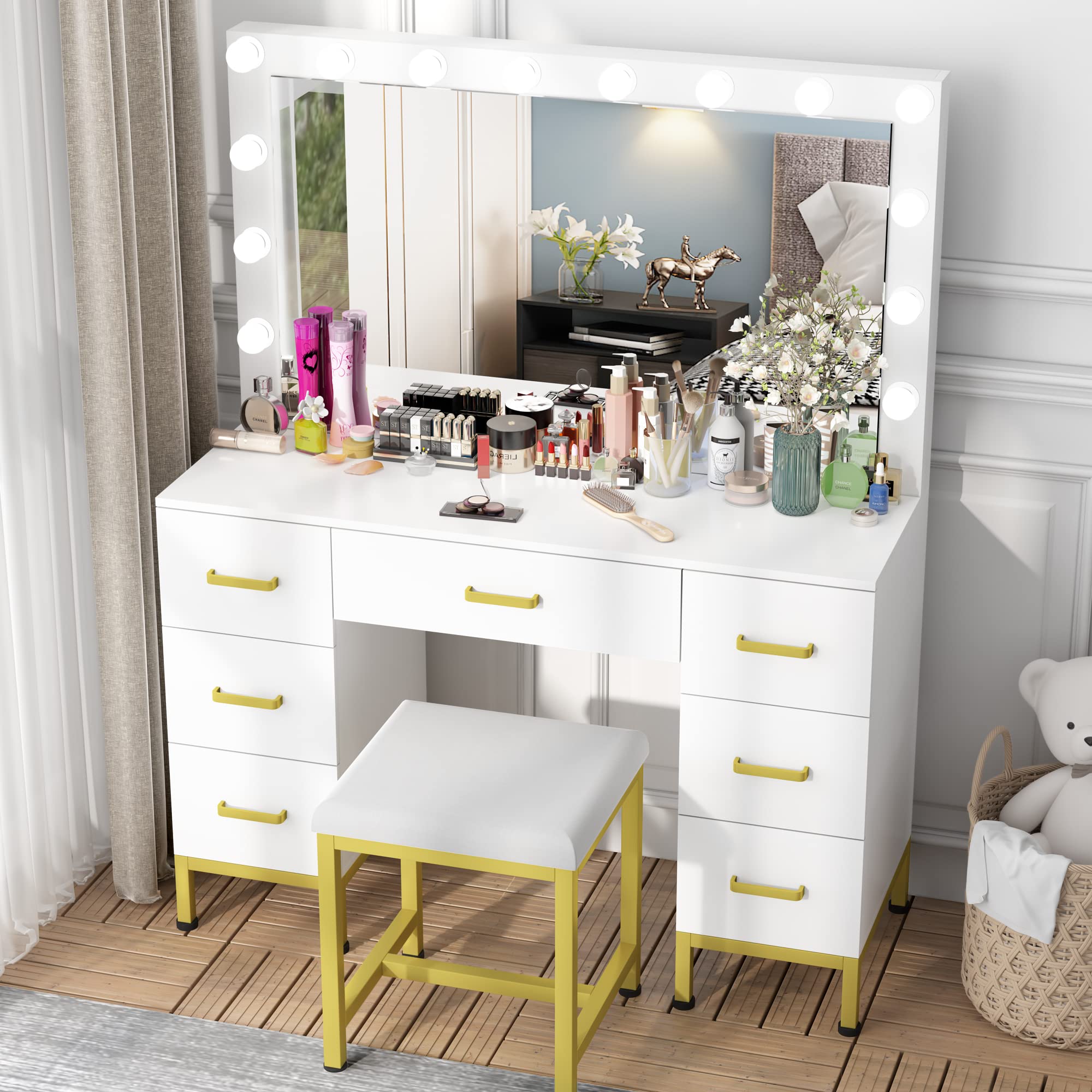 PAKASEPT Modern Makeup Vanity with Lighted Bulbs, 44'' Vanity Desk with Mirror and Lights, 7 Drawers, 14PCS LED Bulbs, Cushioned Stool, Black Vanity for Bedroom