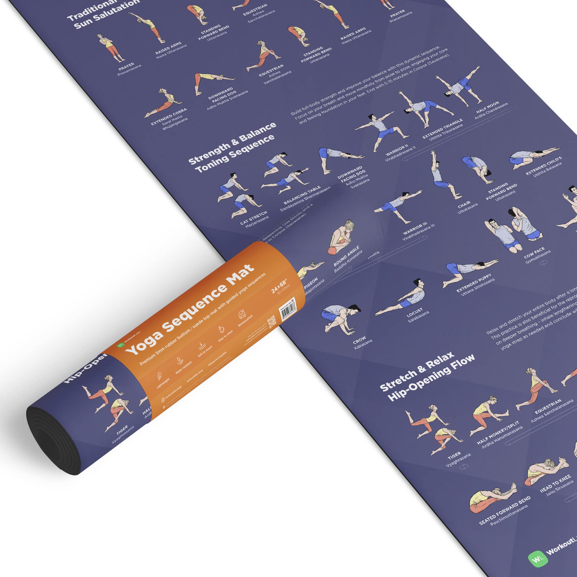WorkoutLabs Premium Yoga Sequence Mat with Strap – Suede Top & NonSlip Rubber Bottom 5 mm Instructional Yoga Mat with Poses & Yoga Sequences Printed, 24” × 68” Exercise Mat with Carrying Strap