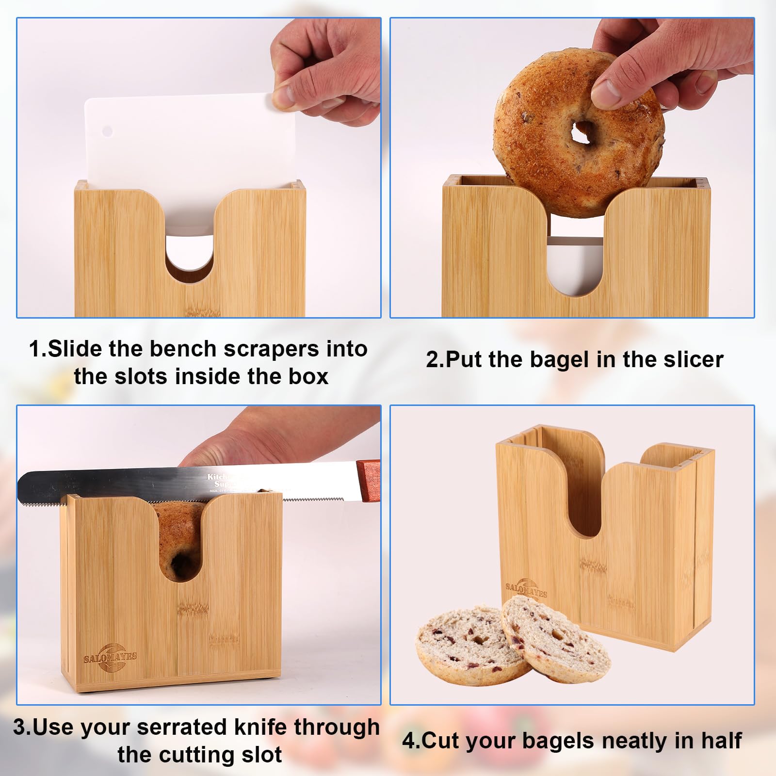 salomayes Bagel Cutter Slicer For Small And Large Bagels, Bagel Slicer Guillotine, Adjustable Bamboo Bagel Slicer With Non-Slip Pads