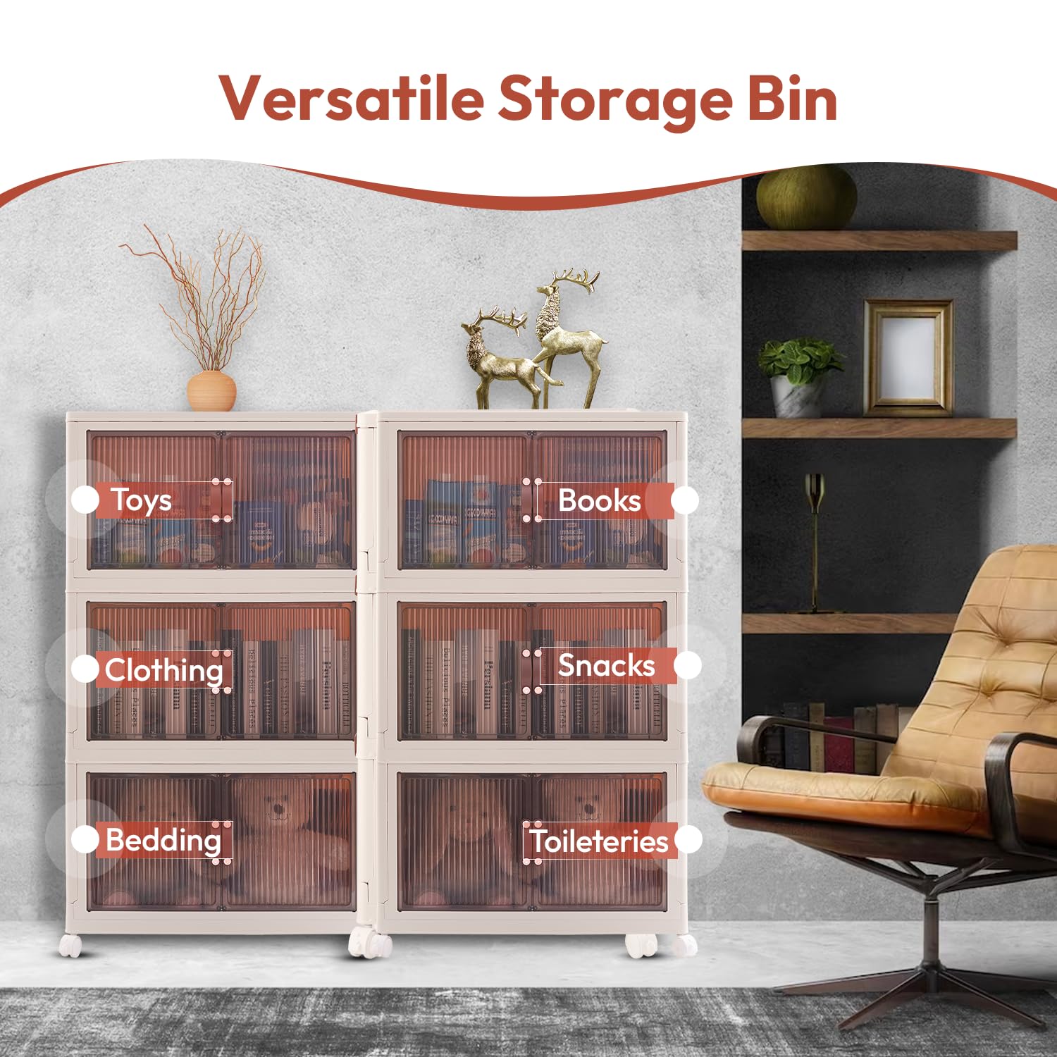 Proktik 95 QT Foldable Stackable Storage Bins with Doors β Magnetic Doors Stackable Open Front Storage Bins - Collapsible Storage Box with Leather Handles for Organizing Toys, Pantry, Books, Clothes