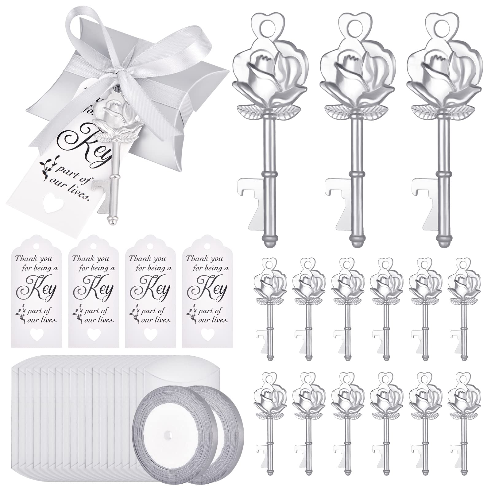 Winocbxt 100Pcs Rose Flower Key Bottle Openers for Bridal Shower Favors or Wedding Gifts,Souvenirs to Guests with Pillow Candy Box ,Thank You Tags and Satin Ribbon
