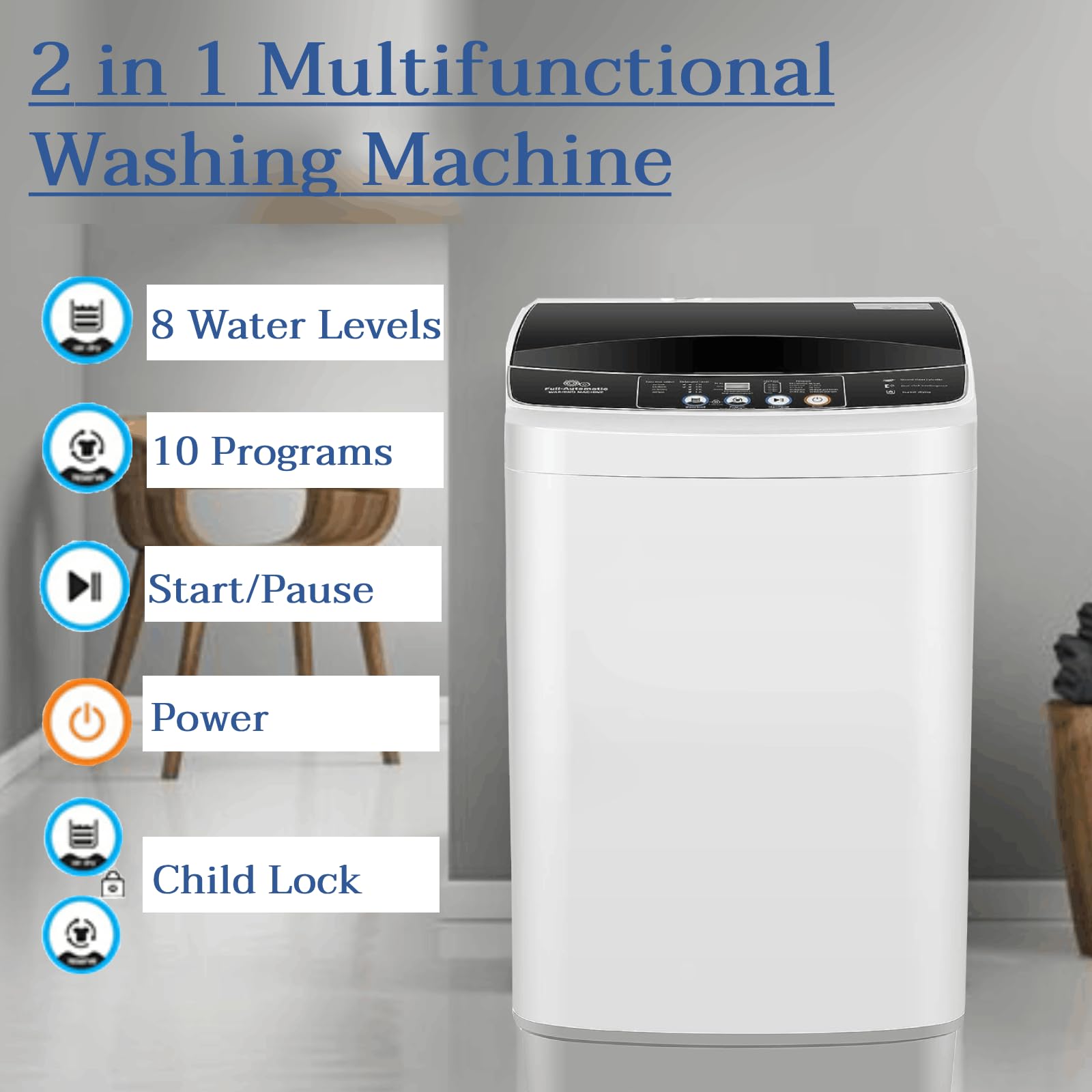Portable Washing Machine, Portable Washer 17.8 Lbs Capacity 2.4Cu.ft Full-Automatic Washer and Spin-Dryer Combo with LED Display 10 Programs 8 Water Levels, Compact Washer for Apartment, Dorm, RV