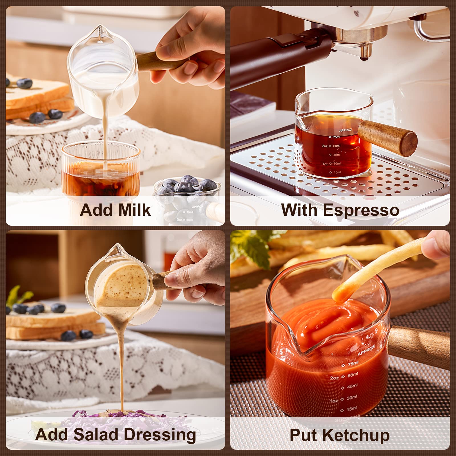 PARACITY Espresso Cups with Wood Handle, Double Spout Glass Measuring Cup with Dual Scale, Espresso Shot Glass with V-Shaped Mouth, Clear Glass Espresso Accessories, Milk Frothing Pitcher 3.5OZ