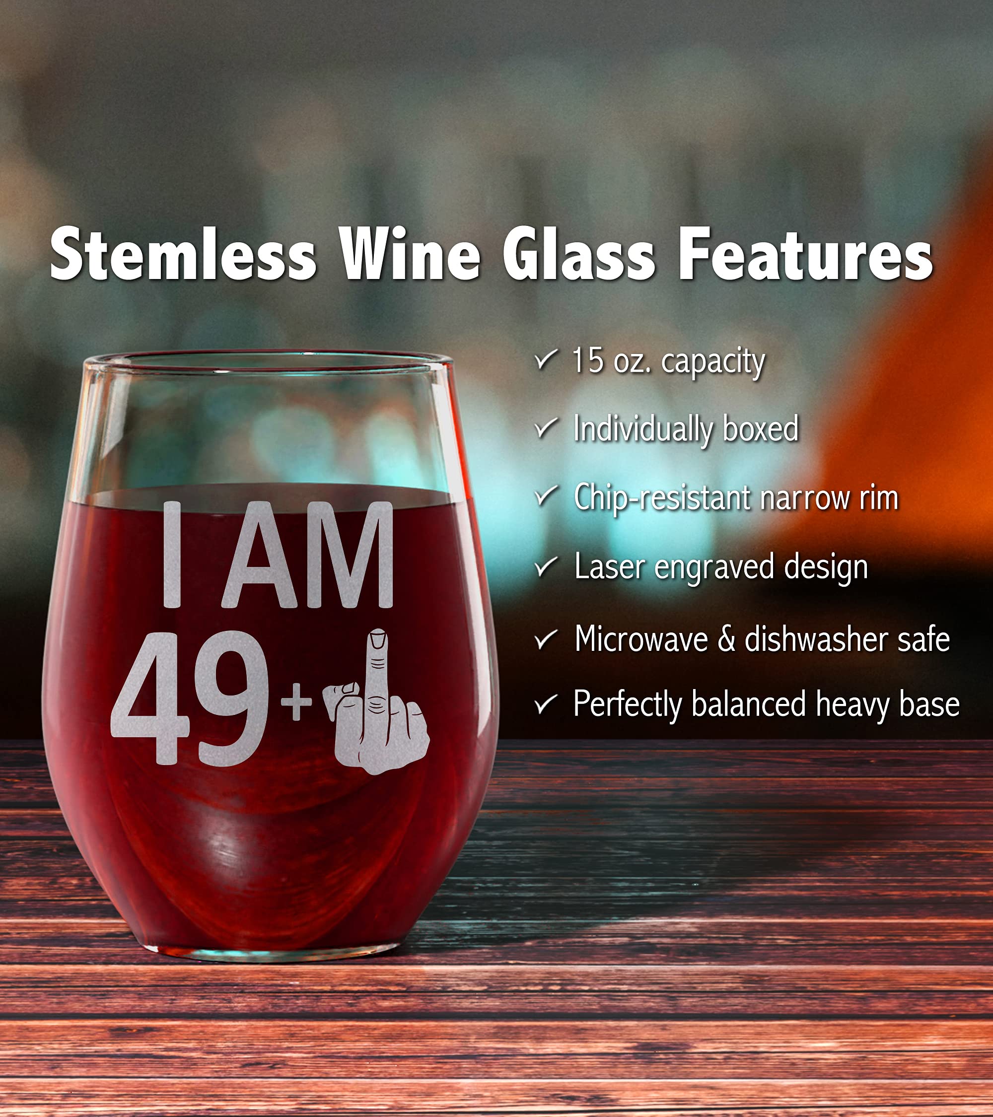 Promotion & Beyond 49 + 1 50th Birthday Finger Graphic Stemless Wine Glass - Funny Birthday Gift For Friends