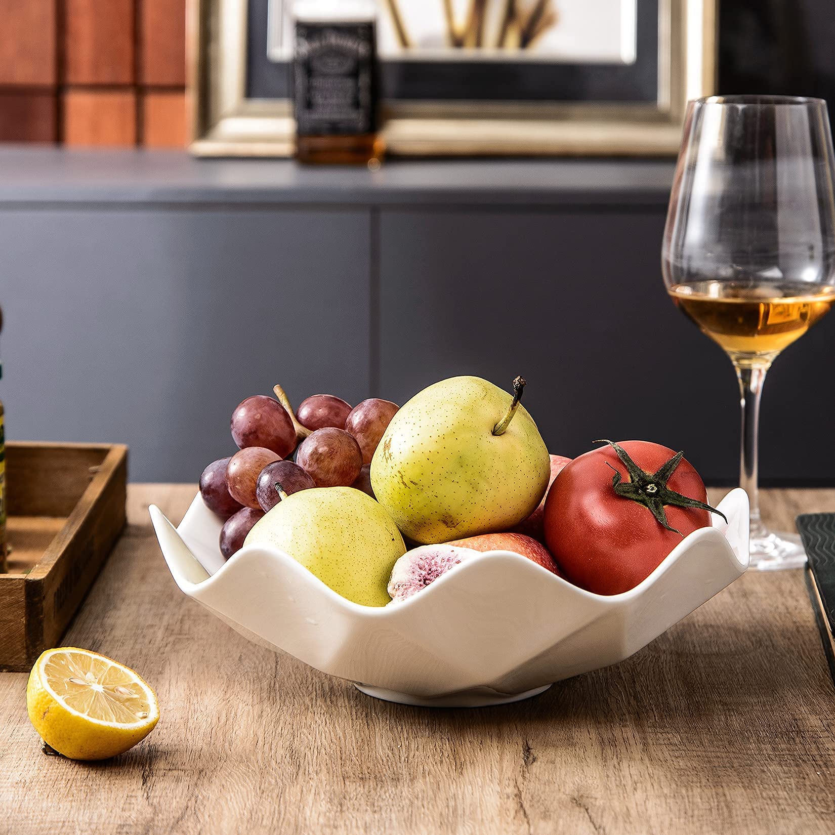 STE-CER 10" Wave Decorative Fruit Bowl for Kitchen Counter,Salad Bowls and Platters,Large Seving Bowls for Pasta,Salad, Candy, Set of 2(White Ceramic Bowl Modern)