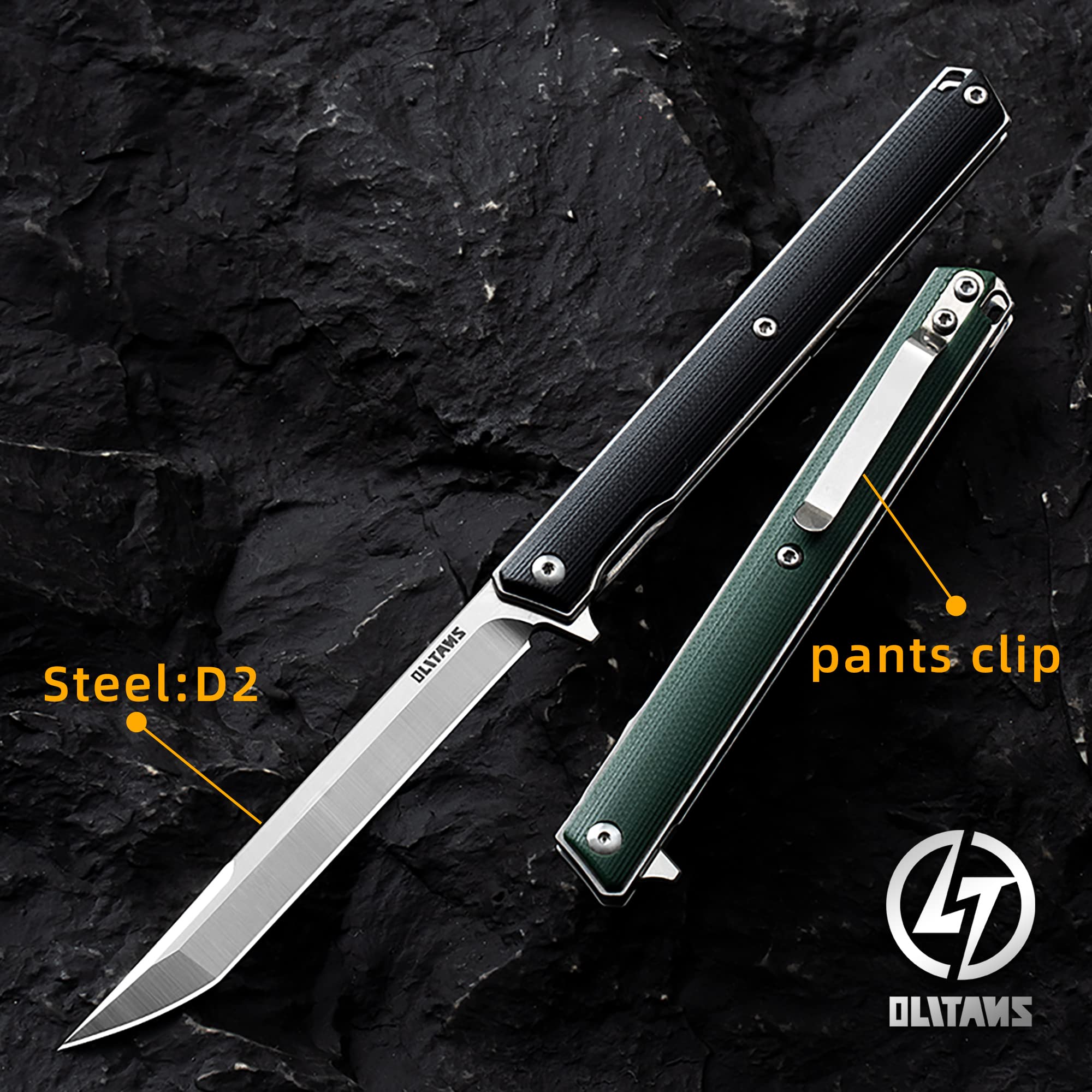 OLITANS G022 Folding Pocket Knife, EDC Flipper Knife, 3.5inche Satin Blade, Ball Bearing, Liner Lock, G10 Handle, Deep Carry Pocket Clip 2.08oz (Army green)