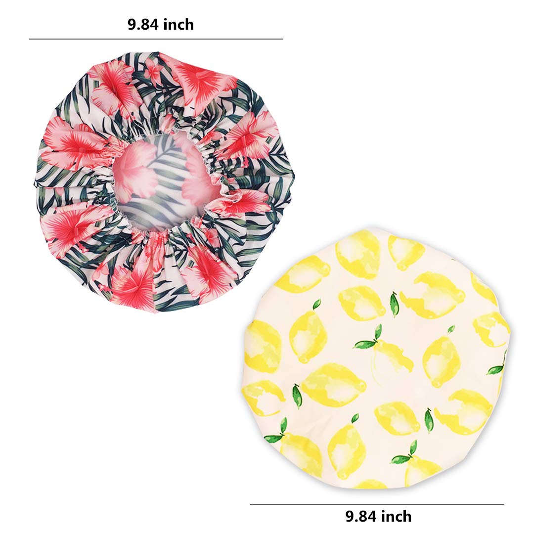 Shower Cap 3 PACK, Double Layers Bath Cap with Adjustable Elastic Band, Stylish Shower Cap for Women Long Thick Hair (Unicorn,Floral,Lemon)