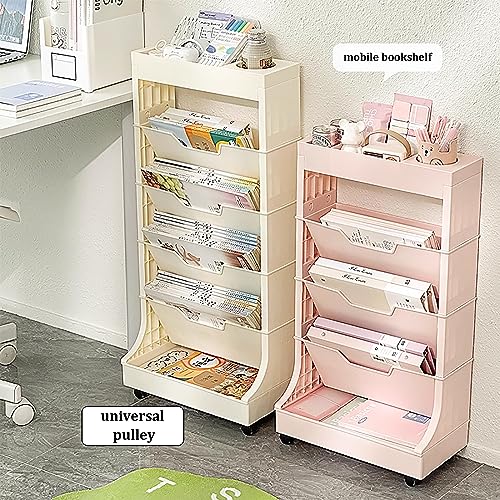 Rolling Book Shelf Organizer Mobile Book Shelf Cart 6 Tier Movable Bookshelf Cart Desk Side Cart for Office Dorm Classroom,Pink,5 Tier