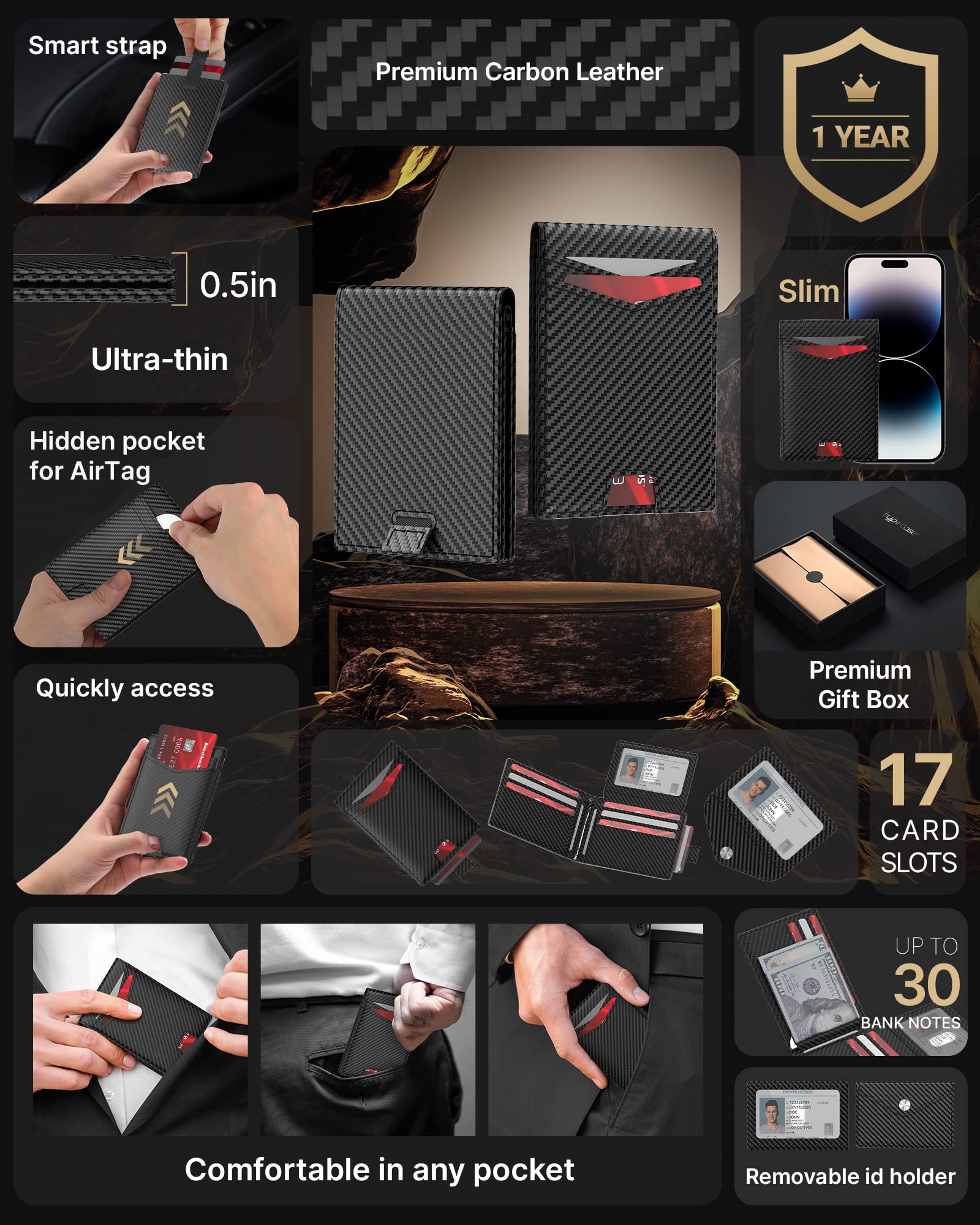 Wallet for Men with Stealth Pocket for Airtag: Leather Wallet with 3 in 1 Design, Removable ID Window, RFID Blocking, 17 Card Capacity, Slim, Carbon Fiber, Bill Divider, Front Wallet with Gift Box