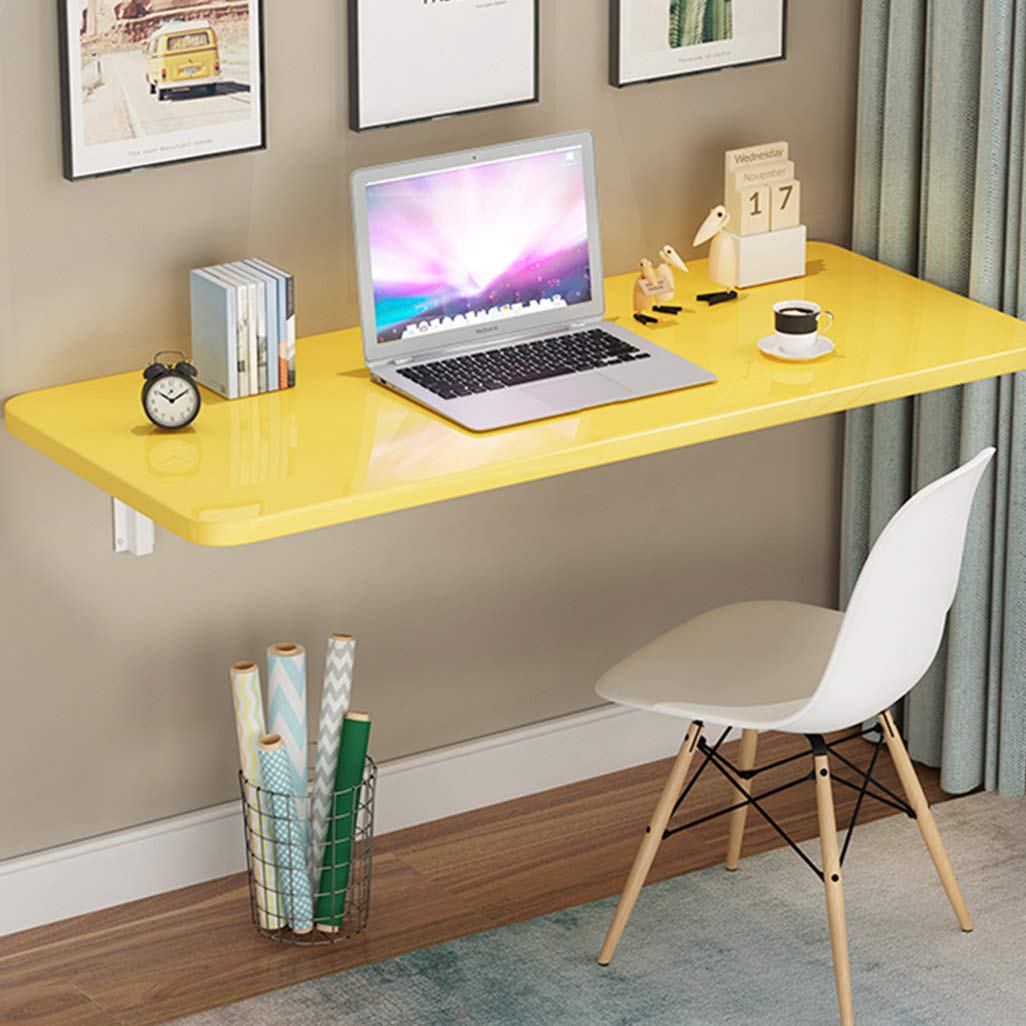 QIMO Folding Wall Mounted Table,Multi-Function Wall Mount Laptop Desk Writing Desk Home Office Computer Desk, Drop Leaf Table, Solid Wood Wall Table (Yellow)
