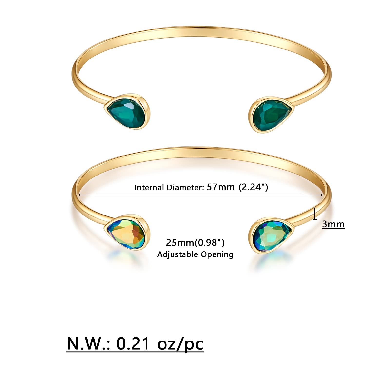 WOWORAMA 2 Pcs Gold Thin Cuff Bracelets for Women Heart Crystal Teardrop Open Cuff Bangle Bracelet Adjustable Dainty Love Bangle Bracelet Minimalist Open Cuffs Birthday Gifts