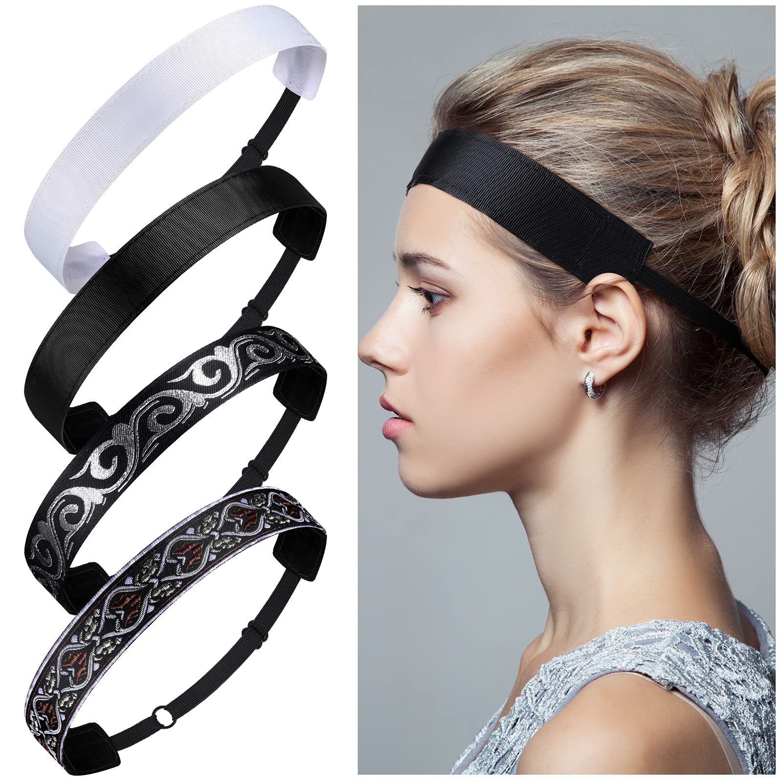 Sintege 8 Pcs Woman Elastic Headband Adjustable Non Slip Velvet Lined Headbands Solid Color Boho Headband for Women Sport Yoga Work Makeup Stylish Hairband (Classic Style)