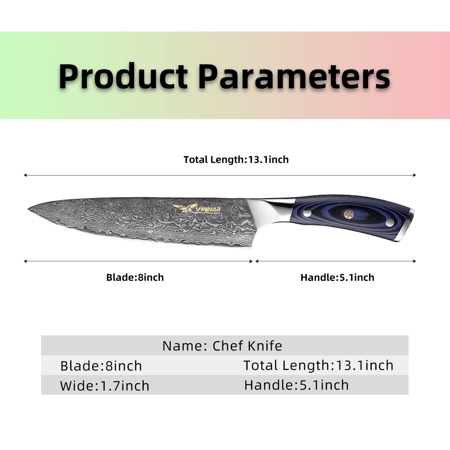 VINNAR Damascus Chef Knife, Japanese VG-10 Super Sharp 8 inch Professional Kitchen Knives, Ergonomic Blue G10 Handle,Sharpest Cooking Knife Best Choice for Home Kitchen and Restaurant