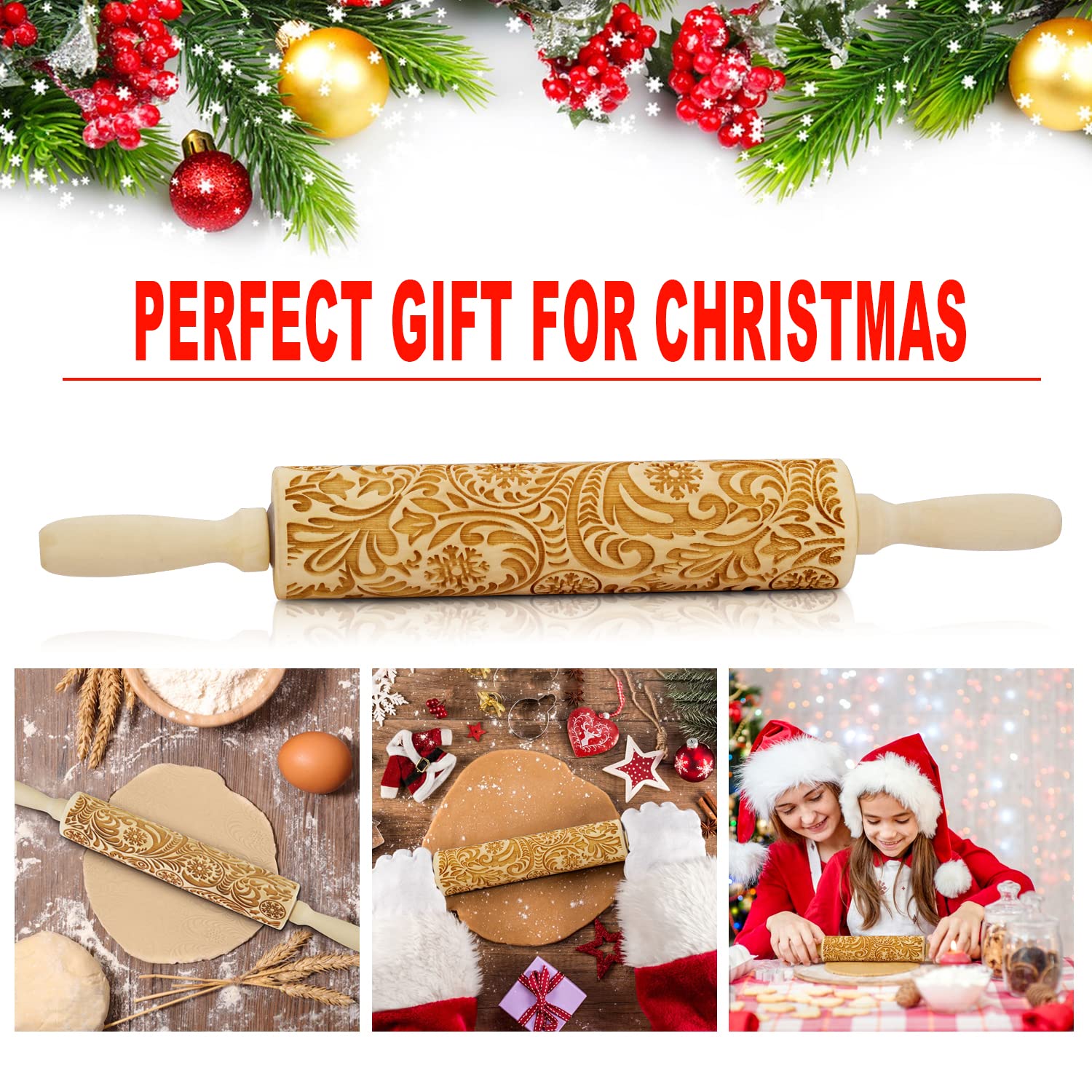 Wooden Engraved Rolling Pin with Christmas Snowflake Designs - For Baking Cookies and Decor