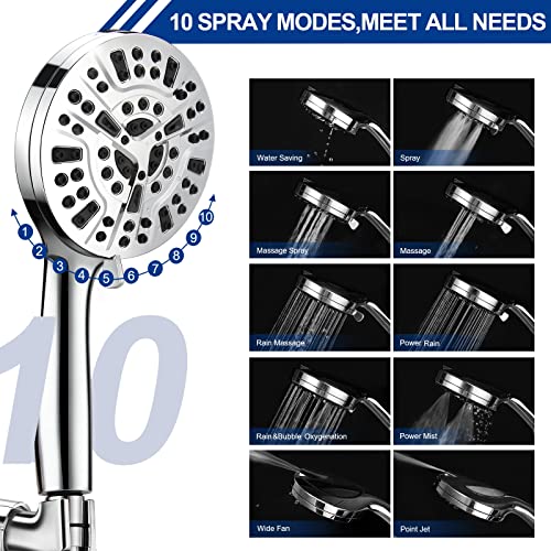 ZDP High Pressure Handheld Shower Head,10 Mode High Flow Hand Held Showerhead Set,5.04IN Showerhead 59IN Stainless Steel Hose Adjustable Brass Ball Bracket Built-in Power Wash To Clean Tub Tiles Pets