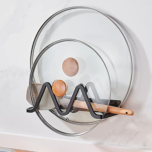 SEYFI Kitchen Shelves,Space Aluminum Pot Lid Organizer, Wall-Mounted Pot Lid Holder, Kitchen 2 Layer Pot Lid Stand, Portable Pots and Pans Rack, Multifunction/Black