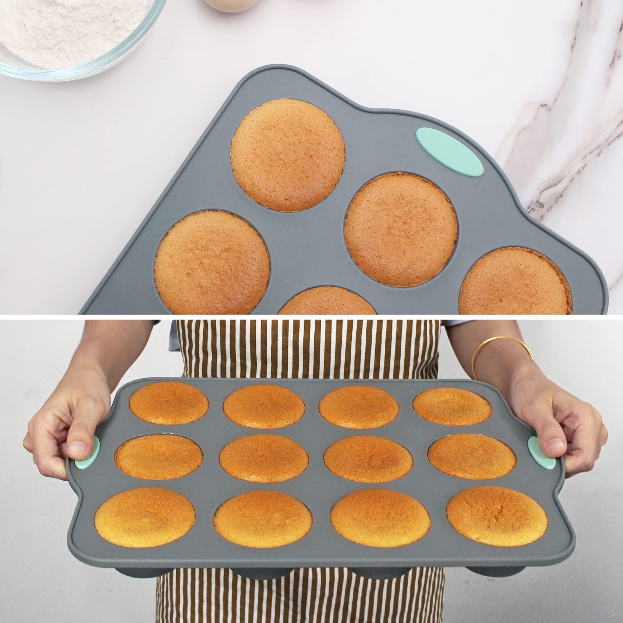 To encounter Silicone Muffin Pan, 2 Pack 12-Cup, Nonstick Baking Cups, BPA Free Cupcake Pan with Metal Reinforced Frame More Strength