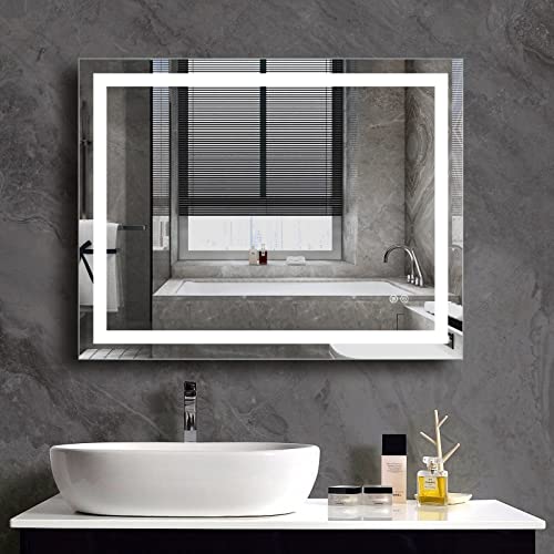 RIXONYAATECH Led Bathroom Mirror, 32 x 24 Inch Lighted Vanity Makeup Mirror - Dimmable, Anti-Fog, Shatter-Proof, Memory, 3 Colors, Double LED Vanity Mirror with Front and Backlight 90+CRI