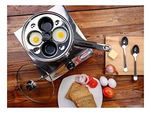 Vinod Non Stick Egg Poacher Pan β Skillet, Glass Lid, Removable Cup Tray - 4 Large Cups - Stainless Steel Poached Egg Cooker β Food Grade Egg Poaching β Heat Friendly Handle - Free Silicon Spatula