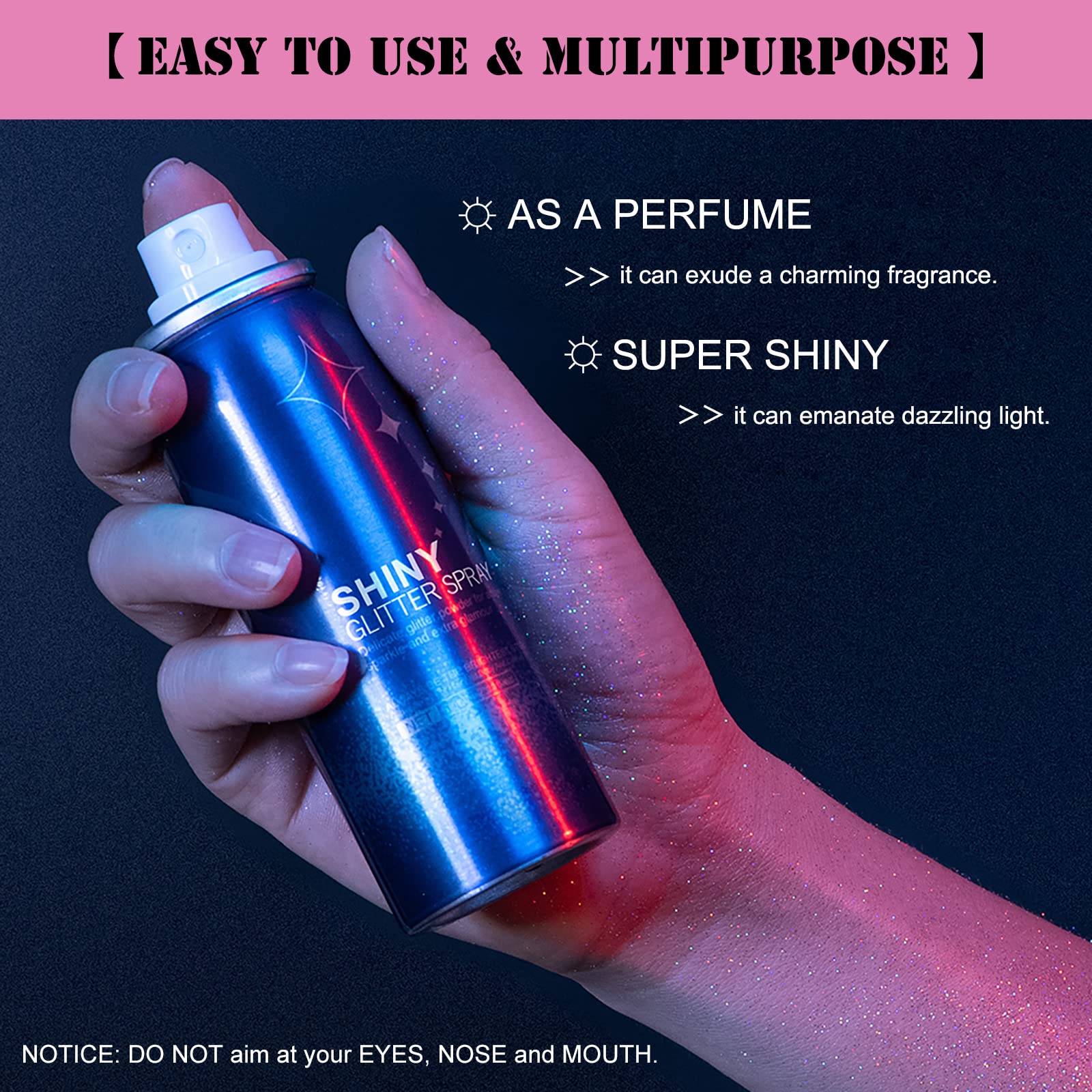 Shiny Glitter Spray, Hair and Body Glitter Spray, Quick-Drying Waterproof Long-Lasting Body Shimmery Spray for Prom, Festival Rave and Stage Makeup (2.11 oz)