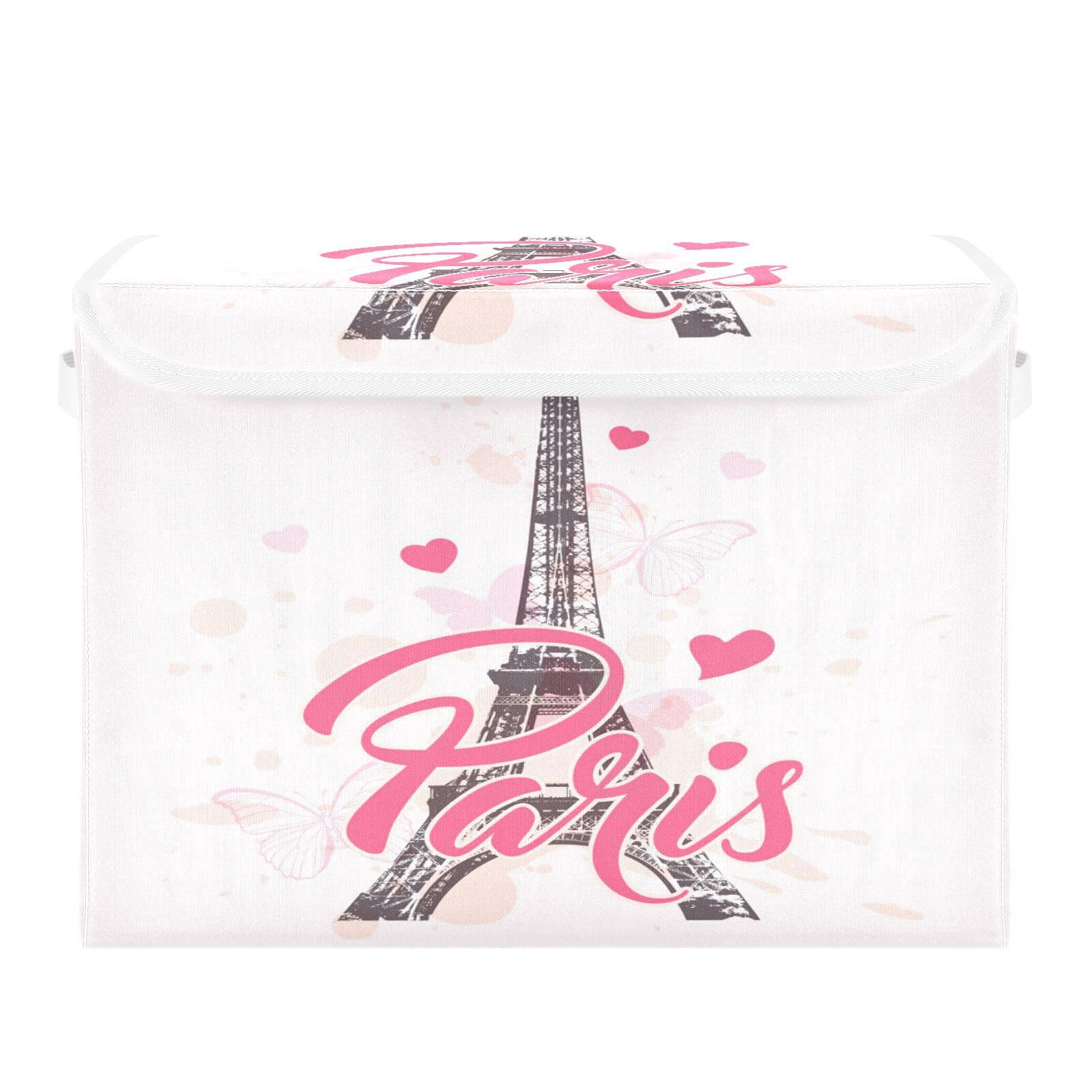 SUABO Paris Eiffel Tower Storage Bin with Lid, Pink Large Oxford Cloth Butterfly Love Storage Boxes Foldable Home Cube Baskets Closet Organizers for Nursery Bedroom Office