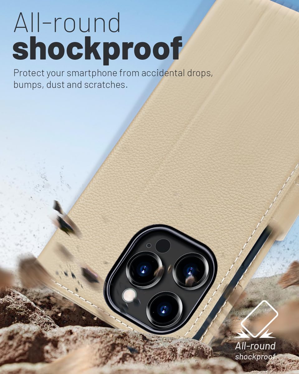 OCASE Compatible with iPhone 15 Pro Max Case Wallet Case, PU Leather Flip Folio Case with Card Holders RFID Blocking Kickstand Shockproof Phone Cover 6.1 Inch 2023, Litchi Apricot
